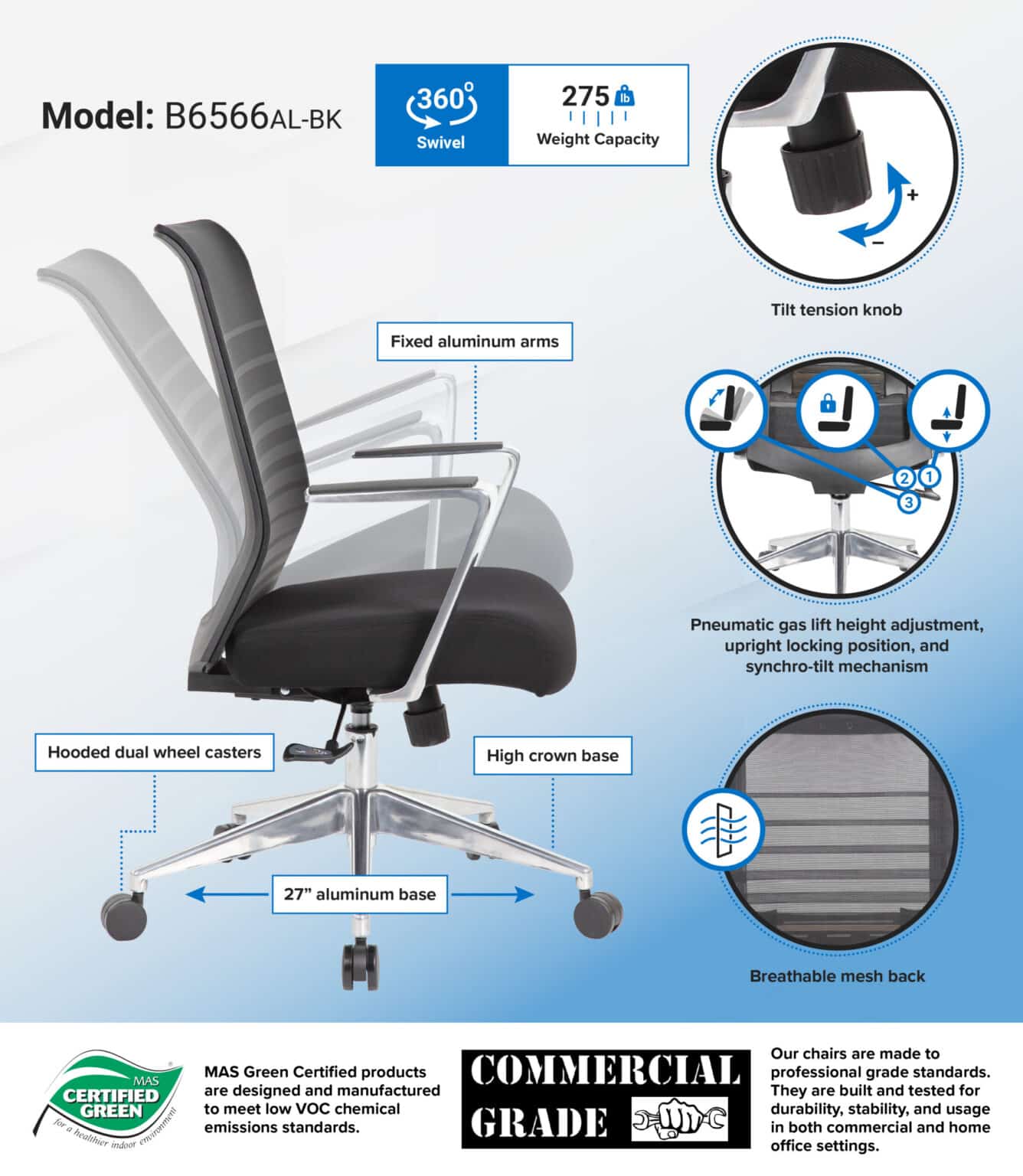 Horizontal Task Chair w/Synchro-Tilt Mechanism & Aluminum Arms/Base ...